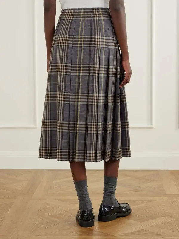 Burberry Pleated Checked Wool Midi Skirt