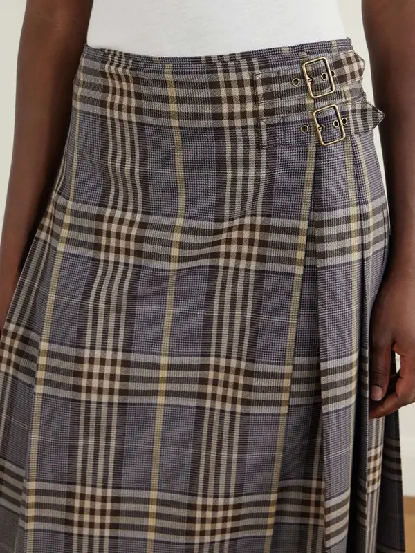 Burberry Pleated Checked Wool Midi Skirt