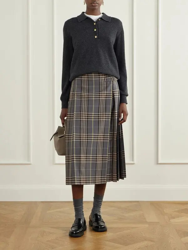 Burberry Pleated Checked Wool Midi Skirt - Neutrals