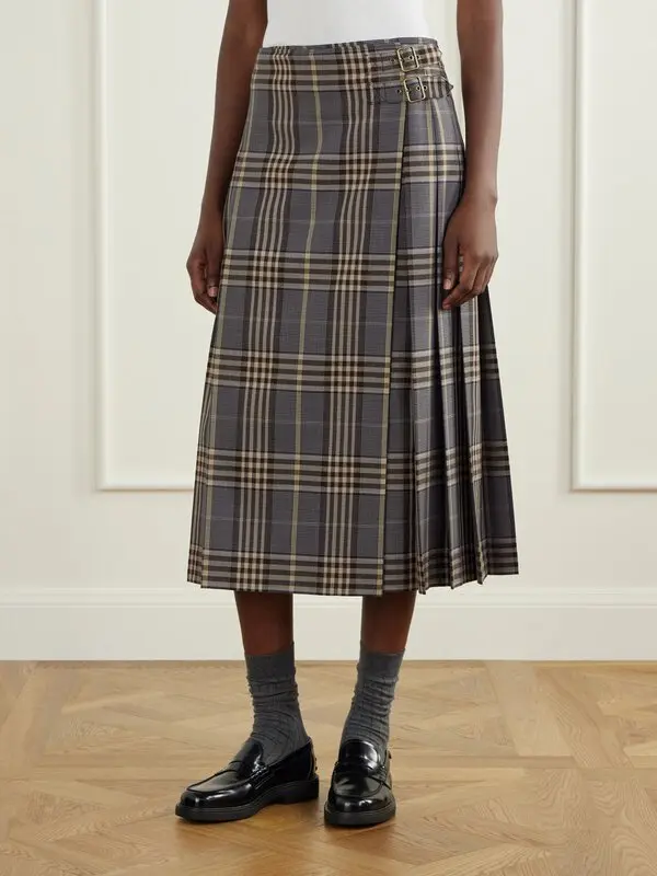Burberry Pleated Checked Wool Midi Skirt - Neutrals
