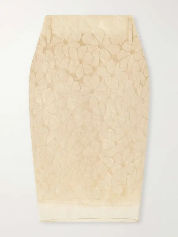 Marni Tiered Floral-appliquéd Organza Midi Skirt - Beige