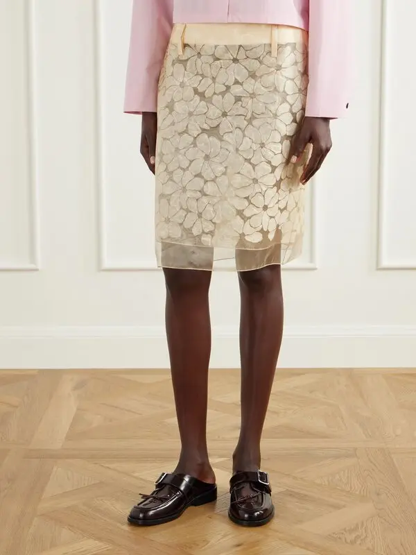 Marni Tiered Floral-appliqué Organza Midi Skirt - Neutrals