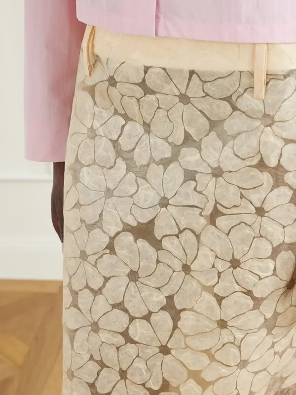 Marni Tiered Floral-appliqué Organza Midi Skirt - Neutrals