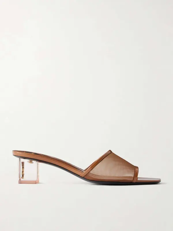 Saint Laurent Sip 45 Cassandre-embellished Patent-leather Trimmed Mesh Mules - Brown