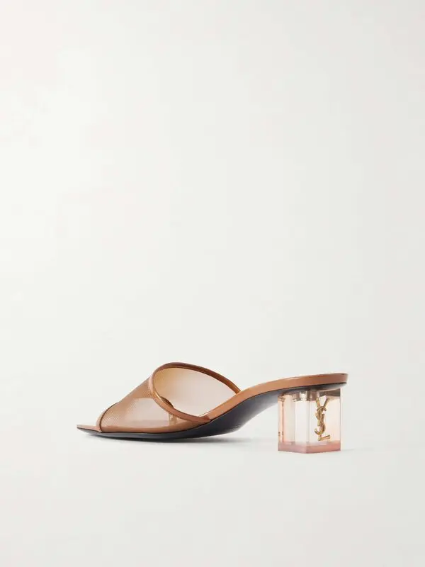 Saint Laurent Sip 45 Cassandre-embellished Patent-leather Trimmed Mesh Mules