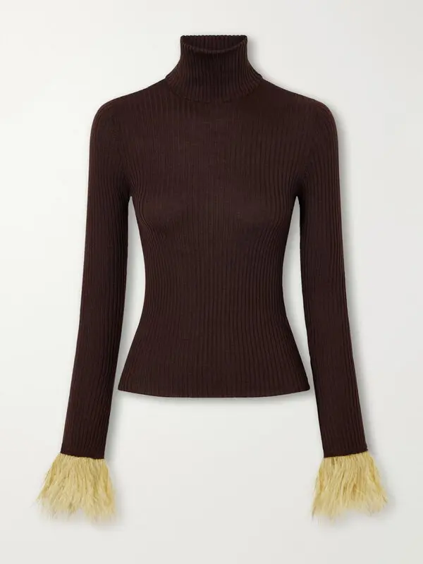 La DoubleJ Feathers-trimmed Ribbed Cashmere And Silk-blend Turtleneck Sweater - Brown