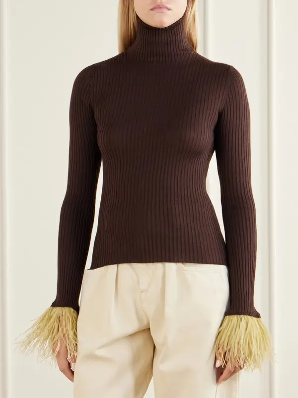 La DoubleJ Feathers-trimmed Ribbed Cashmere And Silk-blend Turtleneck Sweater - Brown