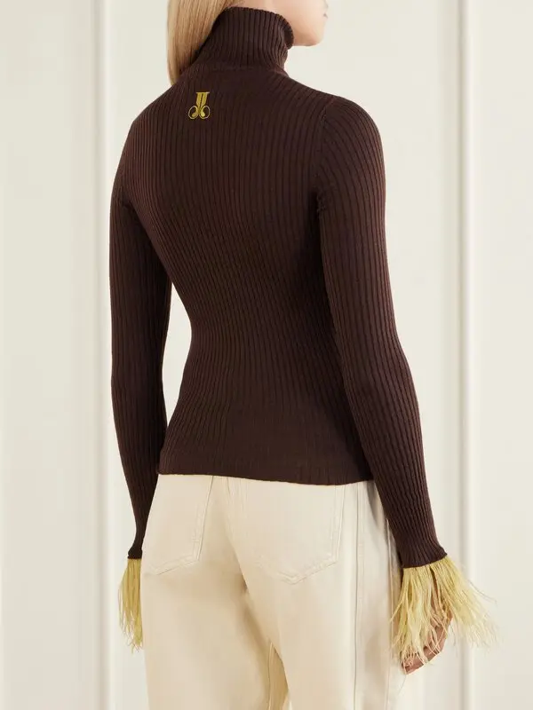 La DoubleJ Feathers-trimmed Ribbed Cashmere And Silk-blend Turtleneck Sweater - Brown