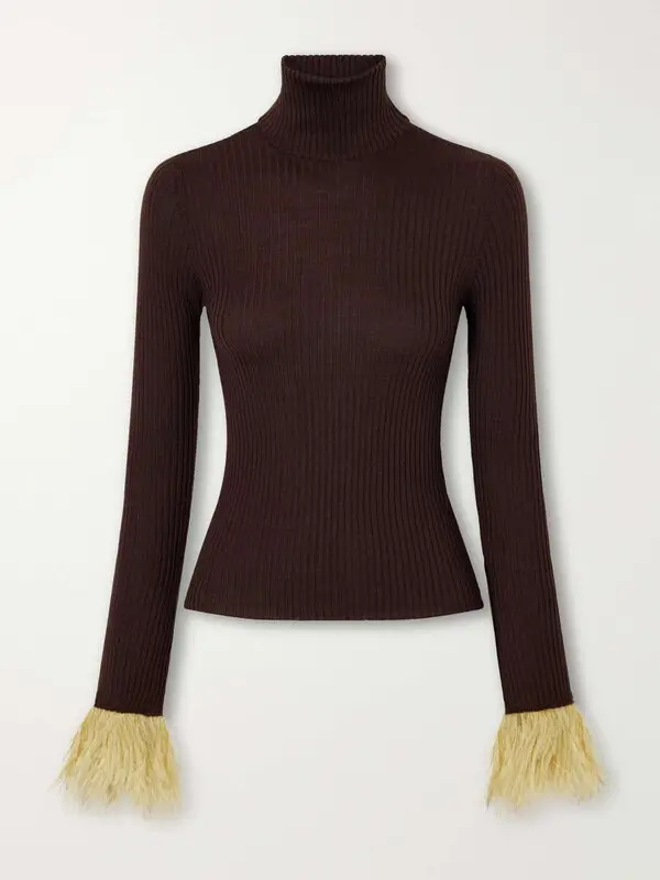 La DoubleJ Feathers-trimmed Ribbed Cashmere And Silk-blend Turtleneck Sweater - Dark Brown