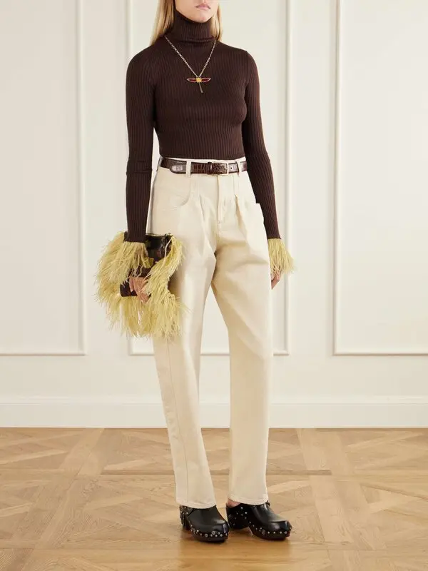 La DoubleJ Feathers-trimmed Ribbed Cashmere And Silk-blend Turtleneck Sweater
