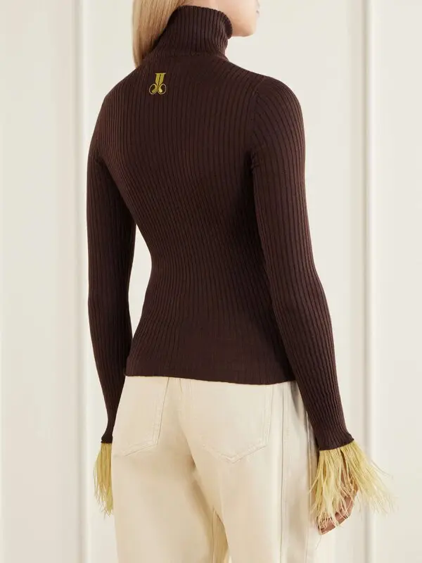 La DoubleJ Feathers-trimmed Ribbed Cashmere And Silk-blend Turtleneck Sweater