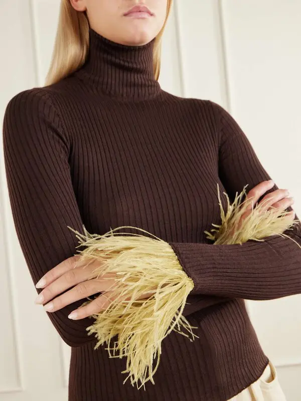 La DoubleJ Feathers-trimmed Ribbed Cashmere And Silk-blend Turtleneck Sweater