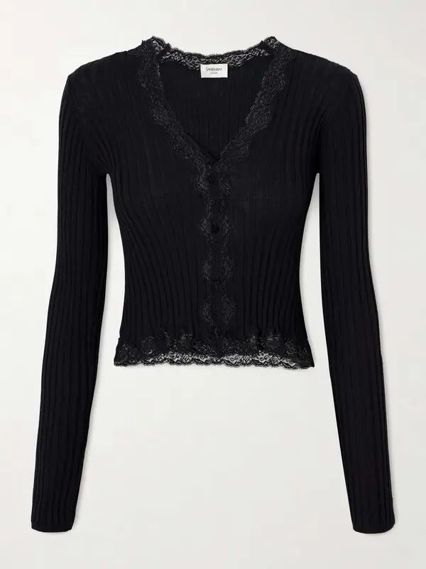 Saint Laurent Ribbed Lace-trimmed Wool, Cashmere And Silk-blend Cardigan - Black