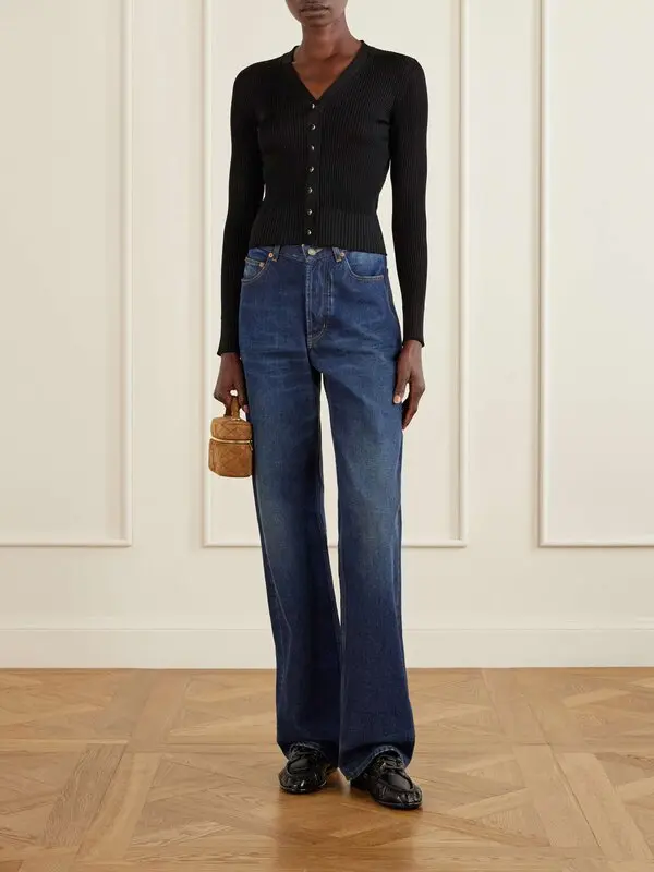 Saint Laurent Ribbed Lace-trimmed Wool, Cashmere And Silk-blend Cardigan