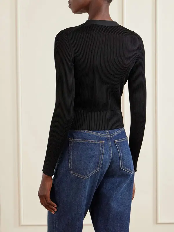 Saint Laurent Ribbed Lace-trimmed Wool, Cashmere And Silk-blend Cardigan