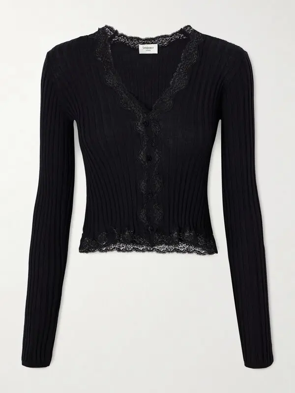 Saint Laurent Ribbed Lace-trimmed Wool, Cashmere And Silk-blend Cardigan - Black