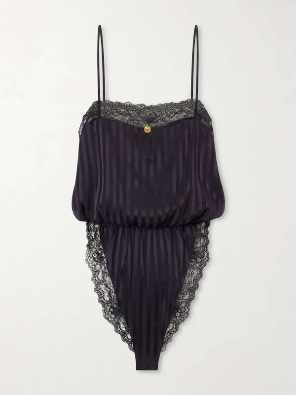 Versace Striped Lace-trimmed Silk-blend Bodysuit - Black