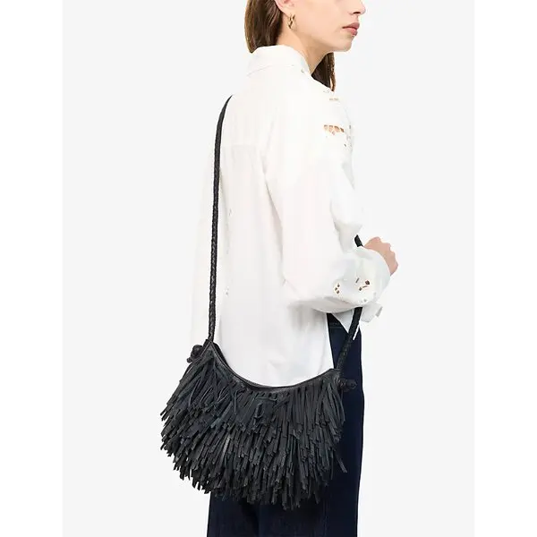 Dragon Diffusion Fringe Sling Suede Shoulder Bag - Black