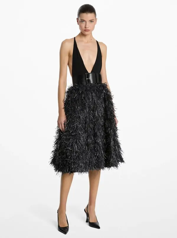 Michael Kors Hand-embroidered Fringe Jacquard Circle Skirt In Size By - Black
