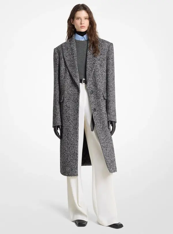Michael Kors Herringbone Cotton Blend Melton Reefer Coat