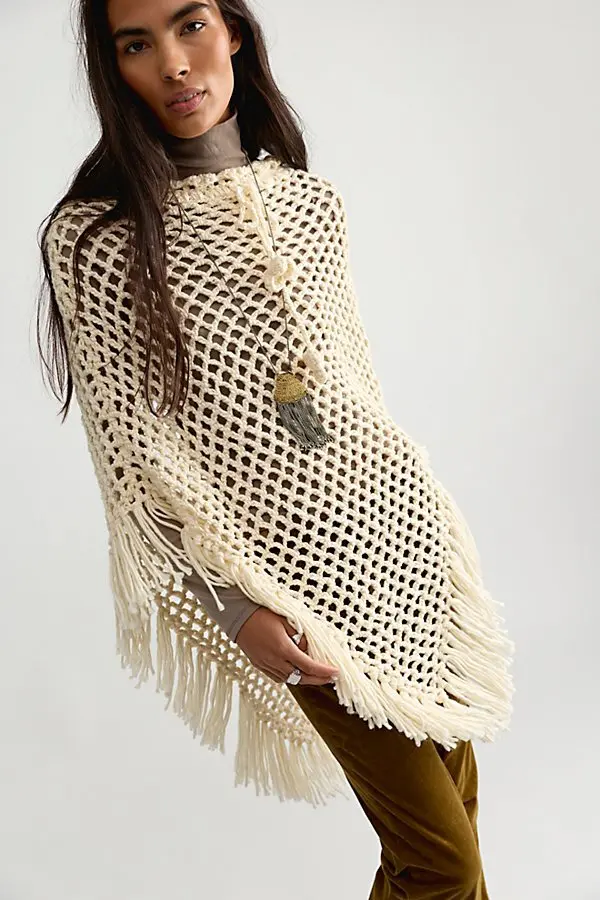 Free People Norr Crochet Poncho With Fringe Trim - Ivory