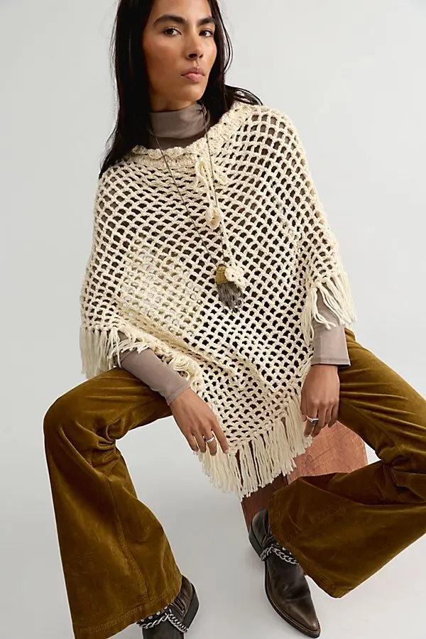 Free People Norr Crochet Poncho With Fringe Trim - Ivory
