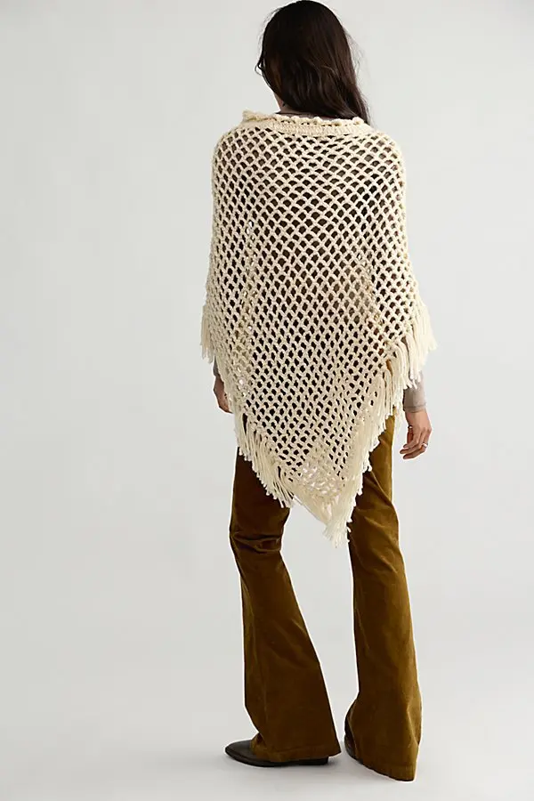 Free People Norr Crochet Poncho With Fringe Trim - Ivory