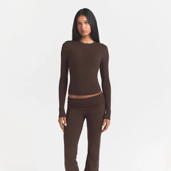 SKIMS Long Sleeve T Shirt | Brown | Large | Cotton Jersey - Espresso