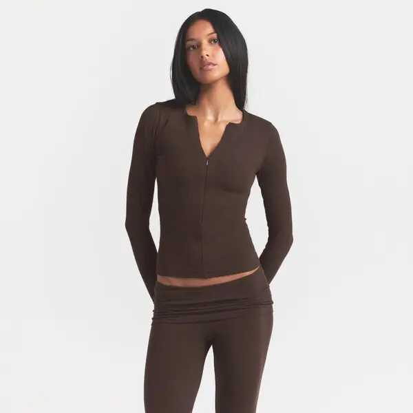 SKIMS Cotton Rib Zip Up Jacket Top - Espresso