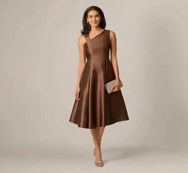 Adrianna Papell Asymmetrical Mikado Fit And Flare Midi Dress - Espresso