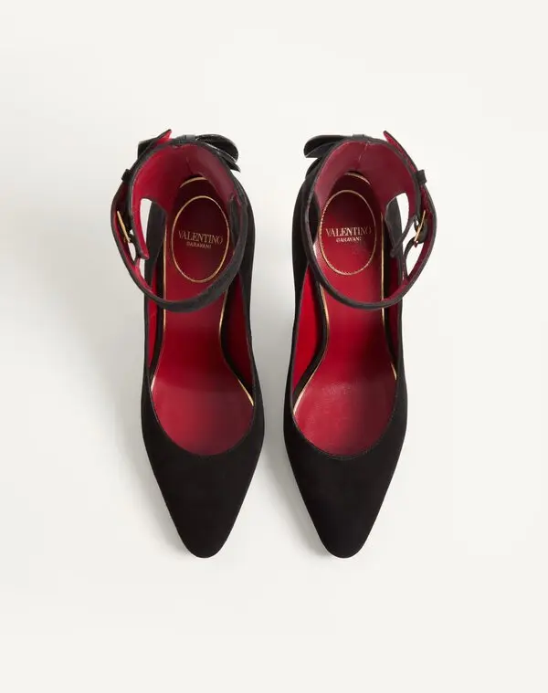 Valentino Garavani Suede Ankle Strap Pointed Toe Pumps With Vlogo Embellishment - Black