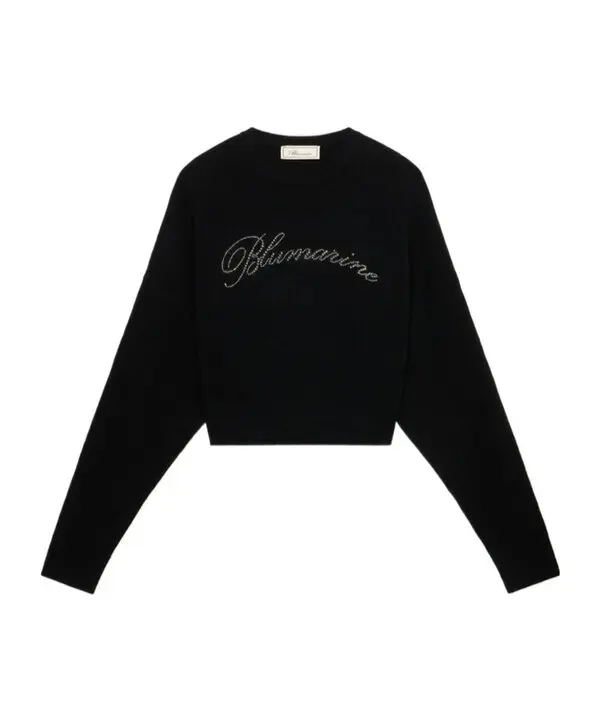 Blumarine Logo Crystal Cropped Sweater - Black