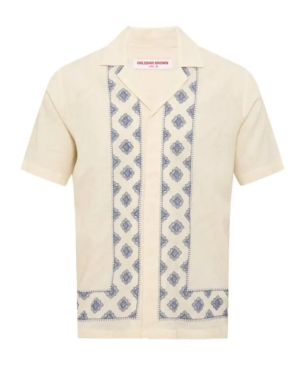 Orlebar Brown Geometricembroidered Campcollar Shortsleeve Shirt - Nude