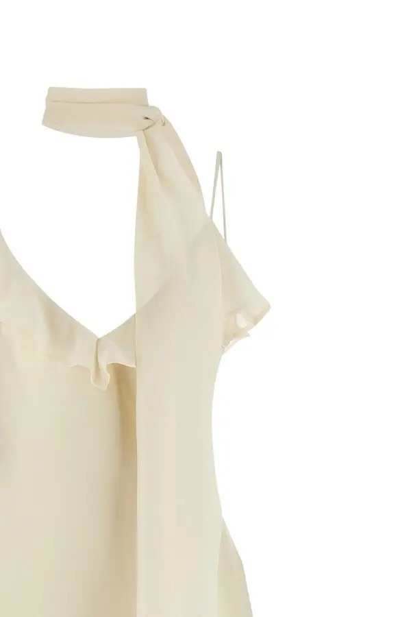 ROTATE BY BIRGER CHRISTENSEN Ivory V-neck Ruffled Slip Dress With Scarf Detail