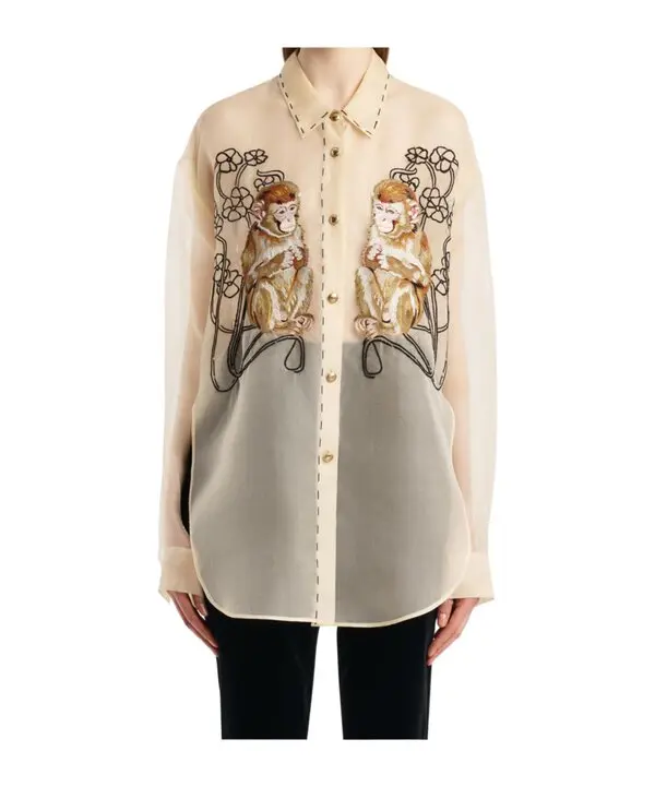 Khaite Goya Silk Organza Monkey Embroidered Shirt