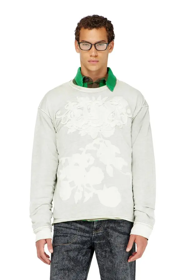 DIESEL® Long-sleeve T-shirt With Floral Print And Logo Patch - Grey