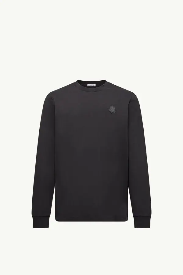 Moncler Leather Logo Long Sleeve Cotton T-shirt - Black