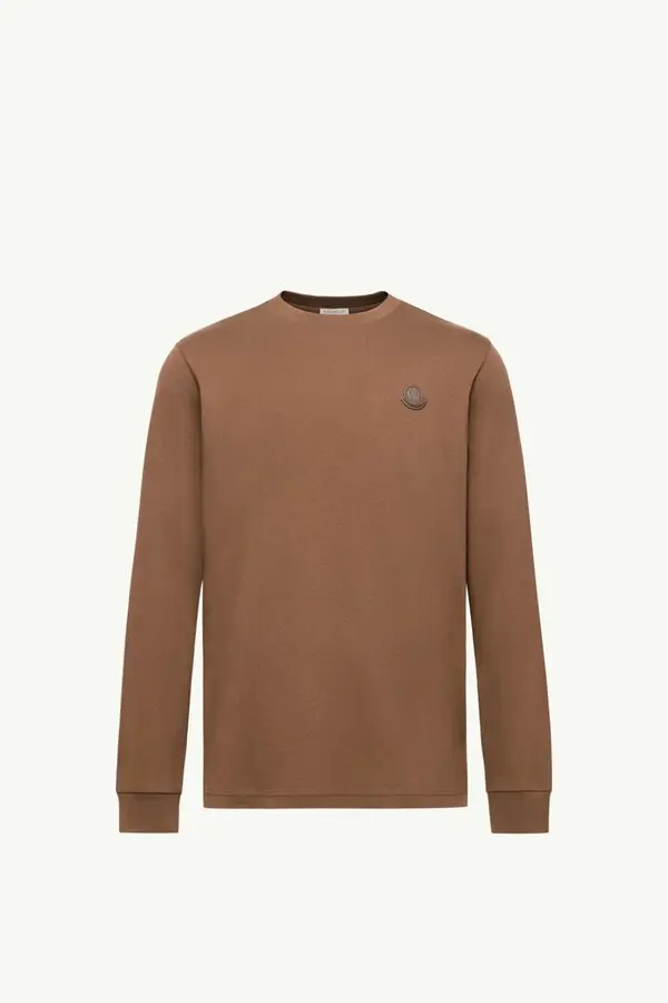 Moncler Leather Logo Long Sleeve Cotton T-shirt - Brown