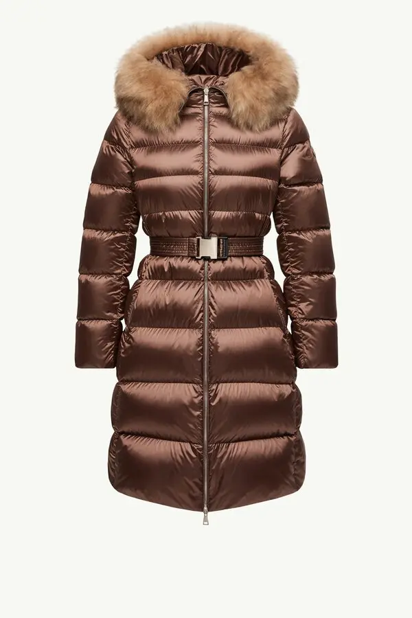 Moncler Leersies Shearling Trimmed Hooded Long Down Coat - Brown