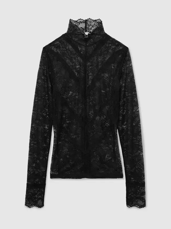 REISS Asher Lace High-neck Long-sleeve Top