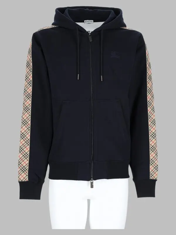 Burberry Felpa In Cotone Con Cappuccio, Cerniera E Finiture Check