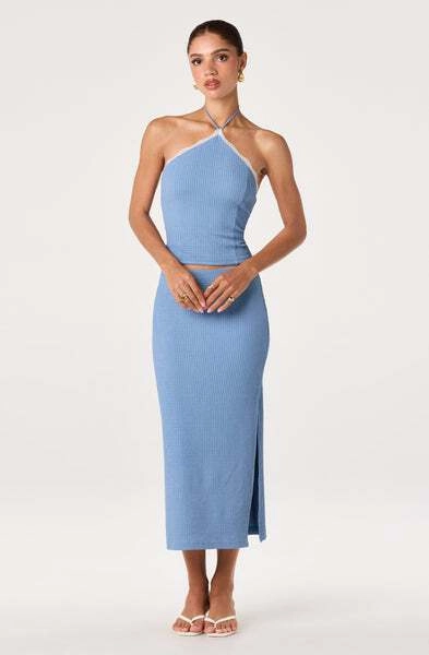 Astr The Label Milana Lace Trim Halter Top - Blue