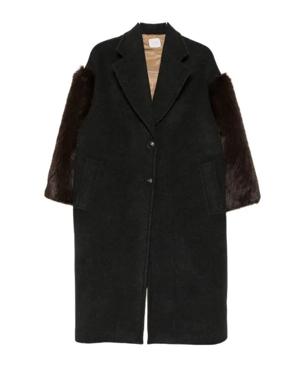 ALYSI Furspliced Lapel Long Wool Coat - Grey