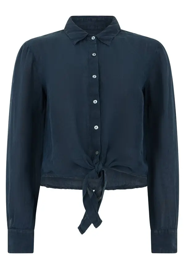 120% Lino Cropped Linen Shirt With Bow Detail And Long Sleeves - Blue