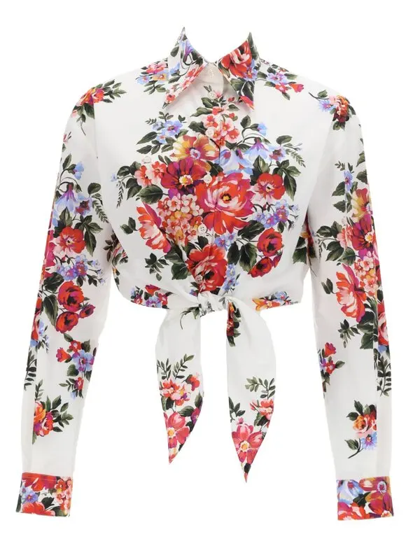 Dolce & Gabbana Floral Print Tie-front Cropped Blouse - White