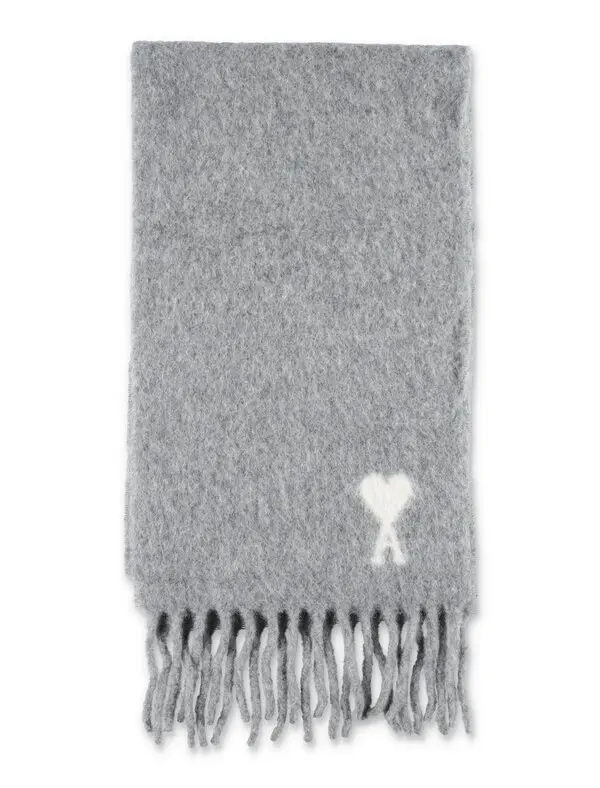 AMI Paris Alpaca Blend Scarf With Heart Logo - Grigio