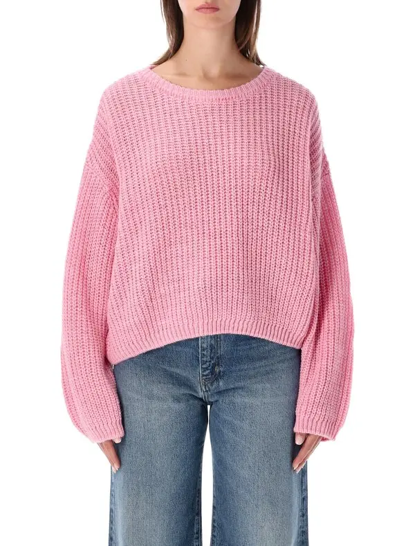 American Vintage Cyrow Mini Cropped Balloon Sweater With Raised Ribbed Knit - Rosa