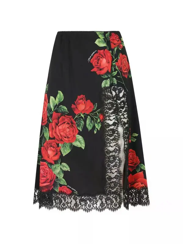 Dolce & Gabbana Rose Print Lace-trim Midi Skirt