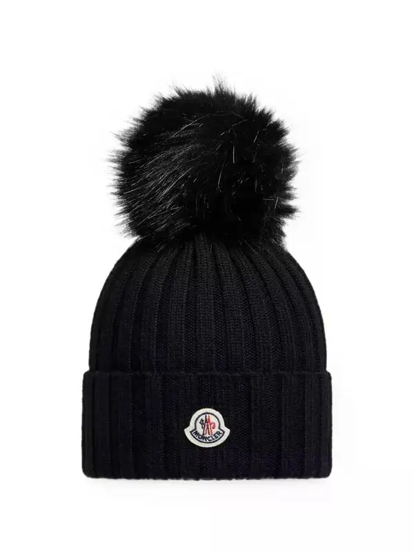 Moncler Pom-pom Rib-knit Beanie Hat - Black