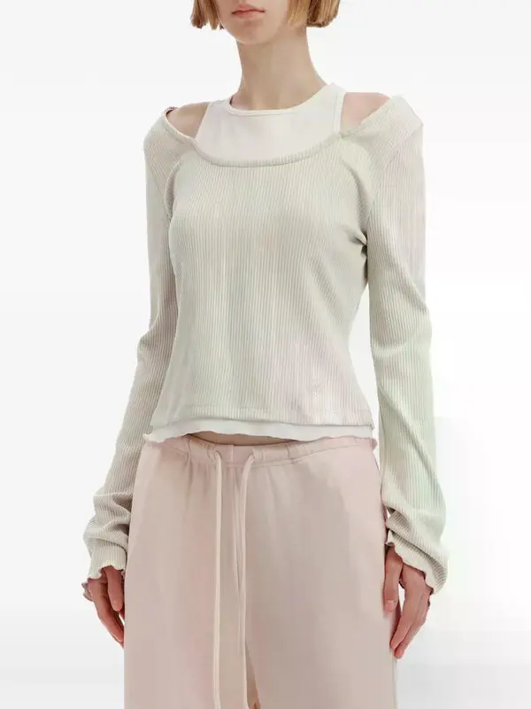 B+AB Layered Cold-shoulder Ribbed Long-sleeve T-shirt